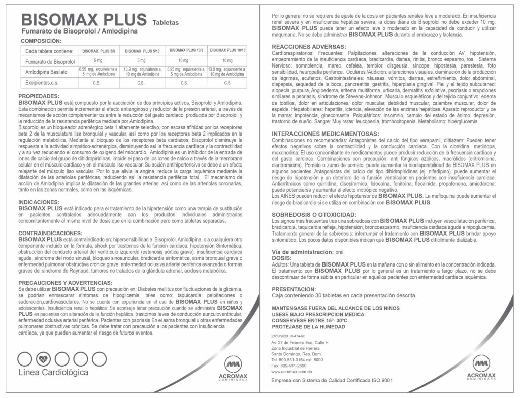 BISOMAX PLUS 5/5 mg – Acromax Dominicana