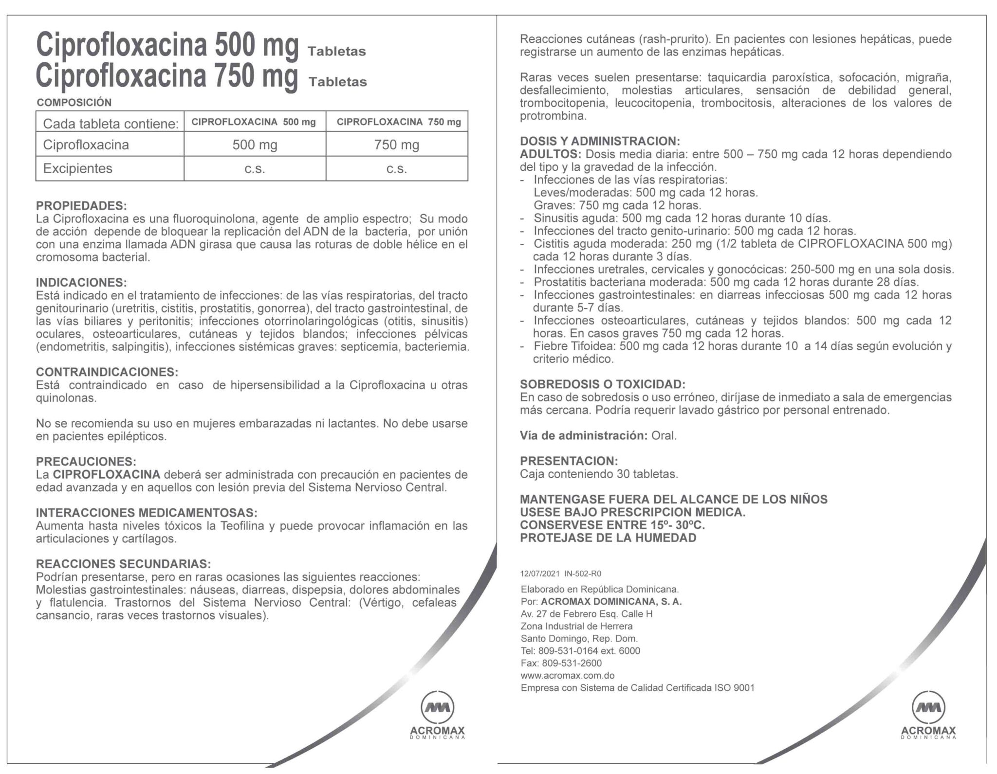 CIPROFLOXACINA 500 mg – Acromax Dominicana