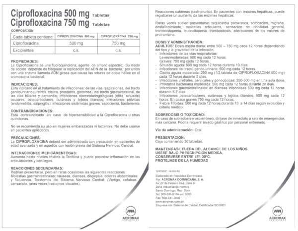 CIPROFLOXACINA 750 mg – Acromax Dominicana