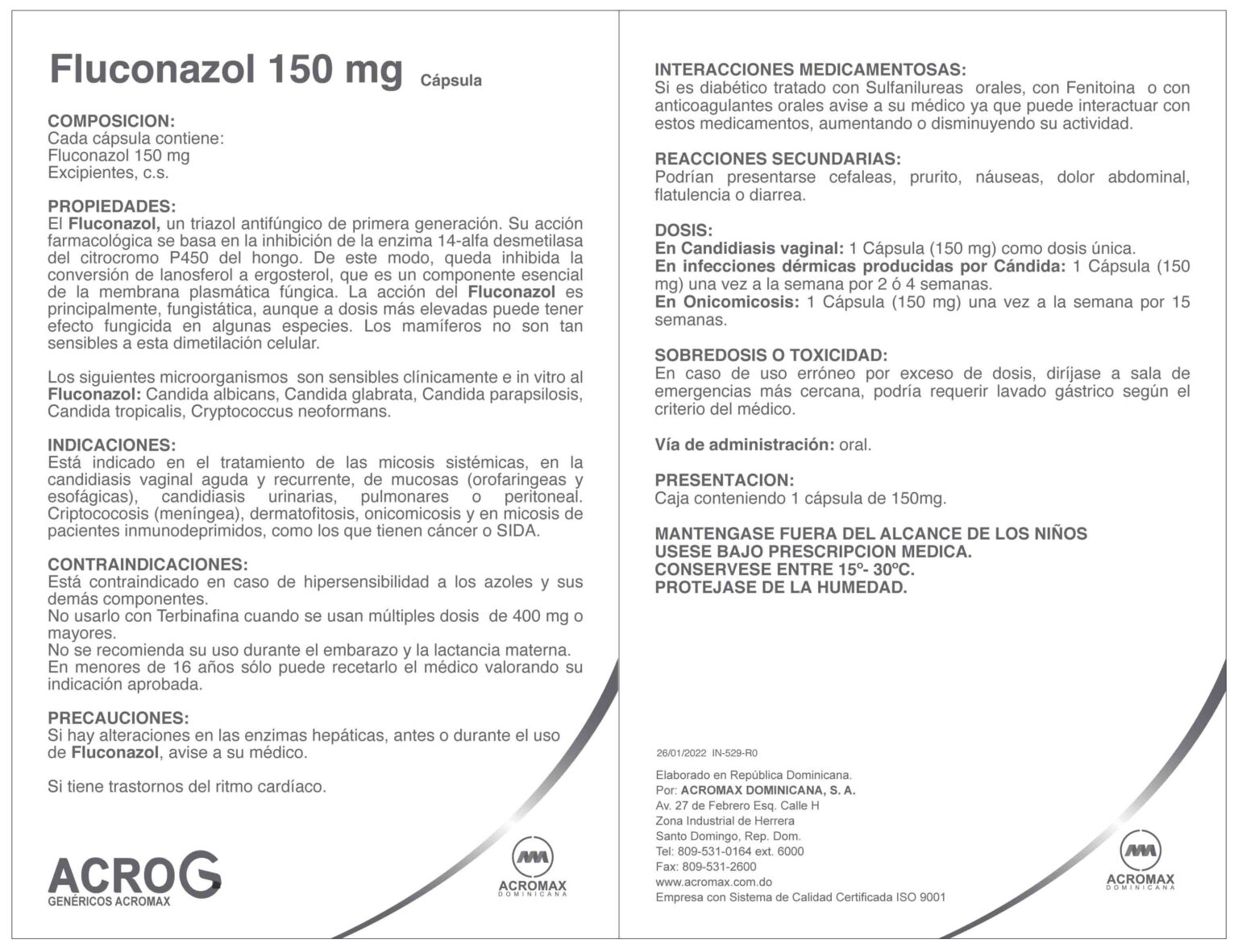FLUCONAZOL 150 mg – Acromax Dominicana